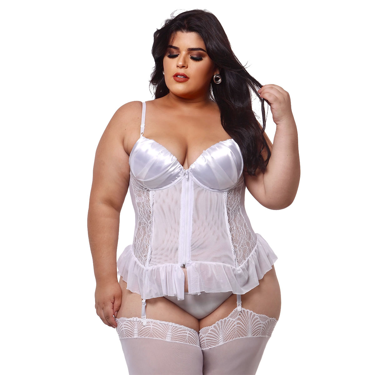 Espartilho Plus Size Com Detalhes Em Cetim E Renda Com Zíper Frontal